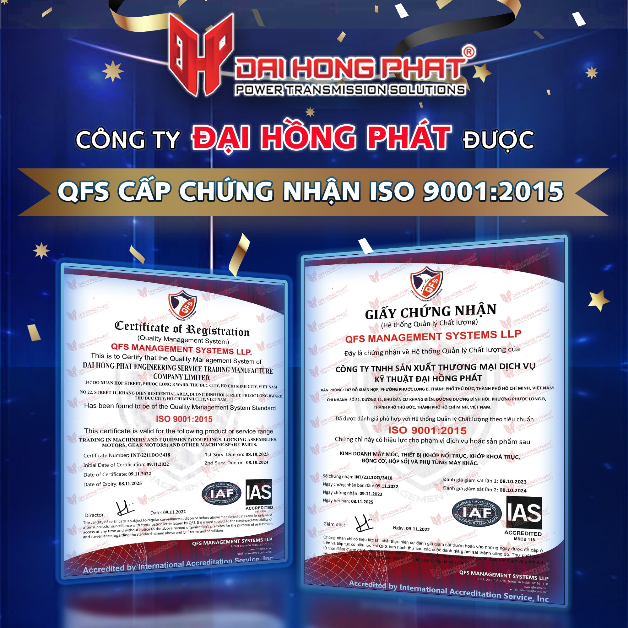 CÔNG TY ĐẠI HỒNG PHÁT ĐƯỢC QFS CẤP CHỨNG NHẬN ISO 9001:2015 - Dai Hong Phat Corp